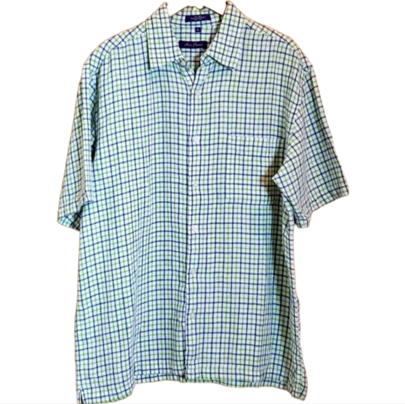 Alan Flusser | Shirts | Alan Flusser Xl Beautiful Linen Blue Green Check Shortsleeve Button Down ...